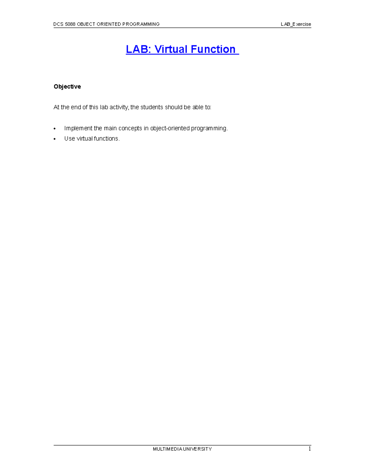 33073 Lab Exe Virtual Function - DCS 5088 OBJECT ORIENTED PROGRAMMING ...