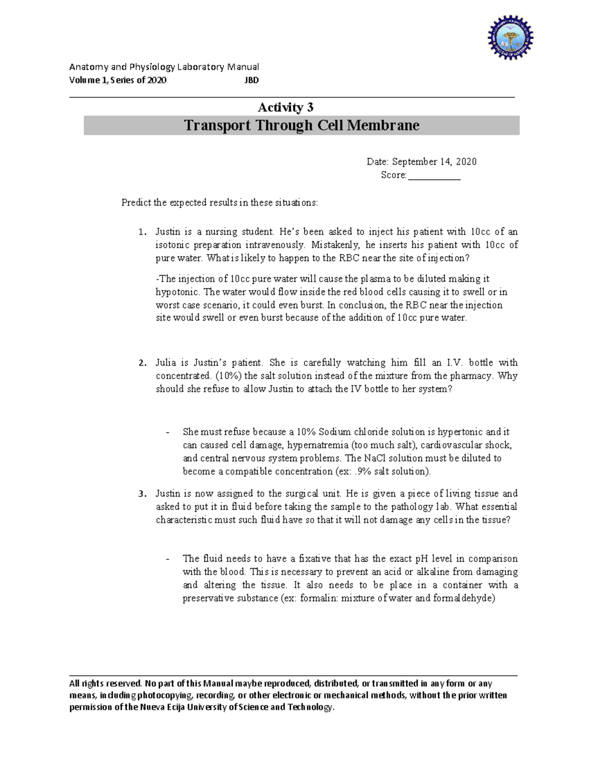 Ana Phy 5 Transport through cell membrane - Volume 1, Series of 2020 ...