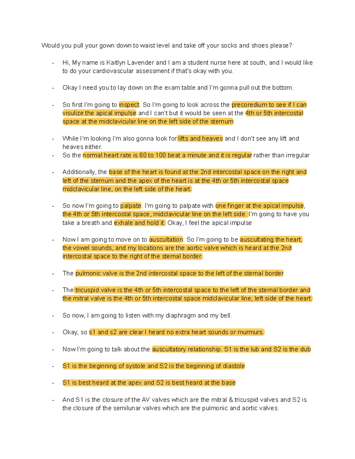 Cardiac assessment script for check offs - Would you pull your gown ...