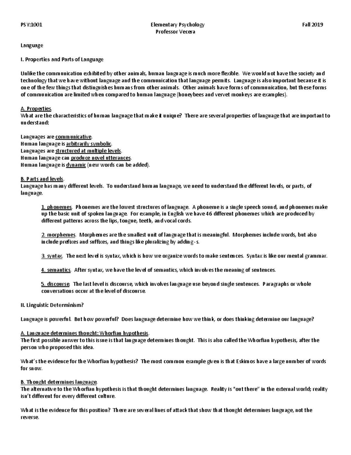 Language - Vecera: Lecture Outline. - Warning: TT: undefined function: 32 PSY:1001 Elementary ...