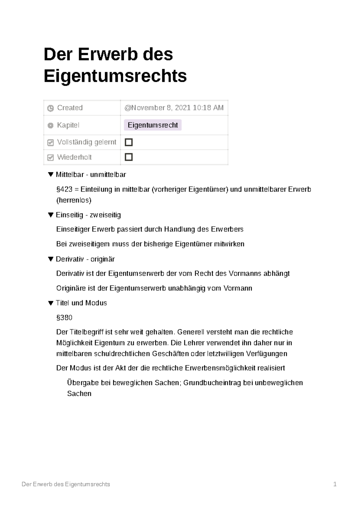 Der Erwerb des Eigentumsrechts - Bürgerliches Recht - Uni Wien - Studocu
