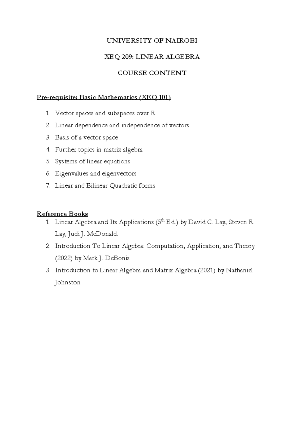 Lecture one for Linear Algebra - UNIVERSITY OF NAIROBI XEQ 209: LINEAR ...