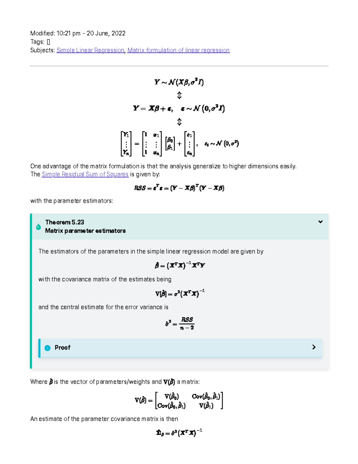 Matrix formulation of simple linear regression - Modified: 1021 pm 20 ...