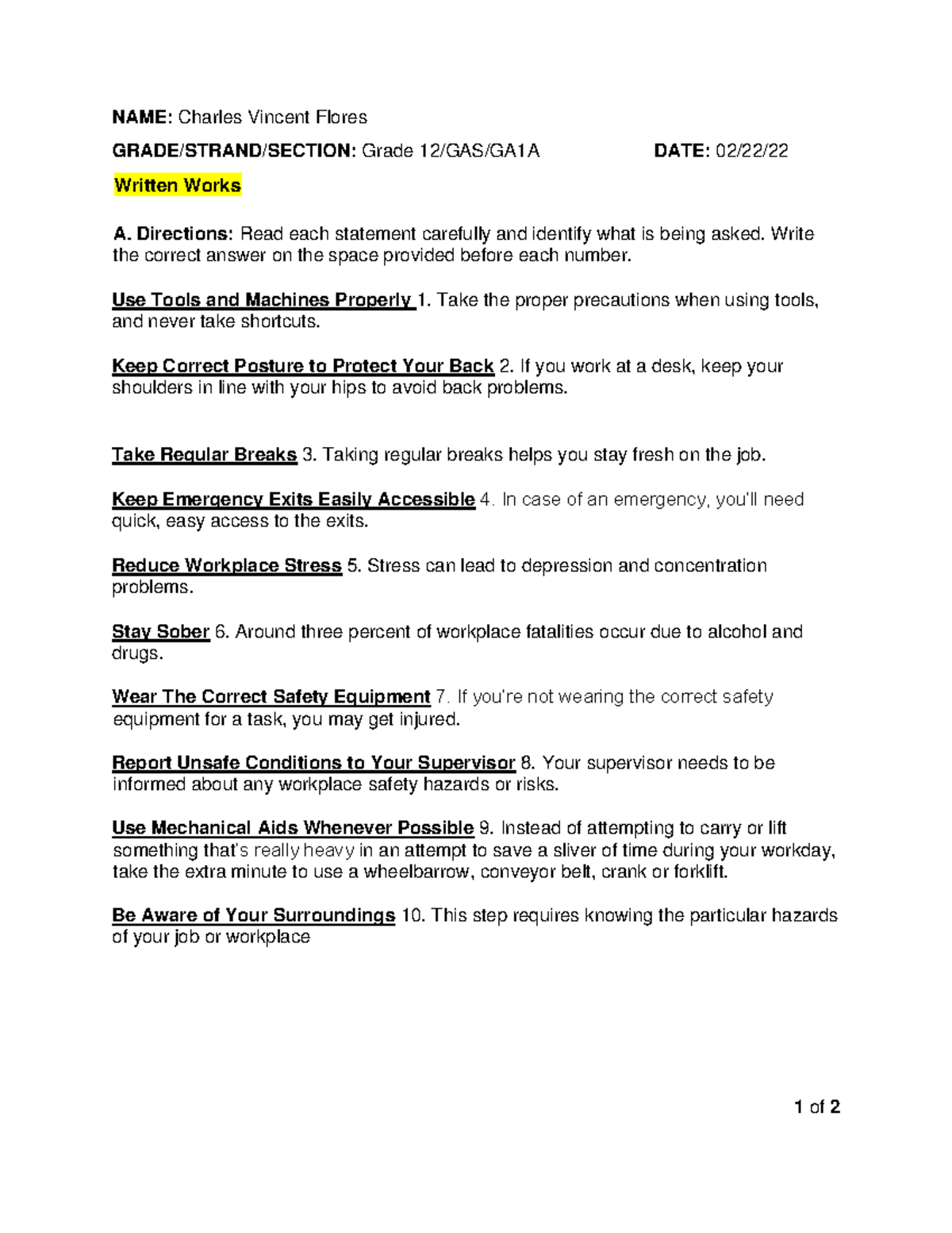 Work Immersion - AS #2 - NAME: Charles Vincent Flores GRADE/STRAND ...