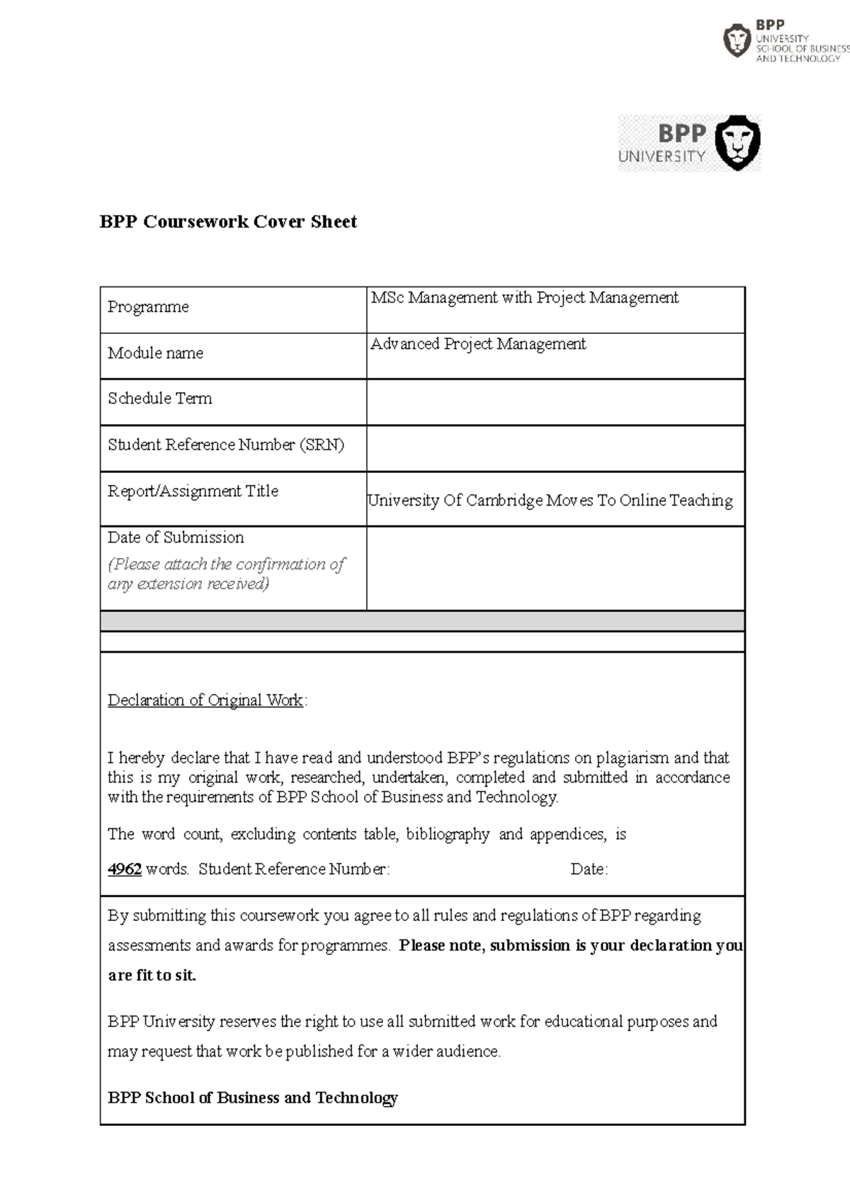 M2209-15 - fghnm - BPP Coursework Cover Sheet Programme MSc Management with Project Management ...