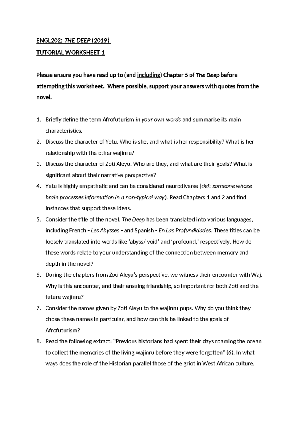 The Deep Tutorial Worksheet 1 - ENGL202: THE DEEP (2019) TUTORIAL ...