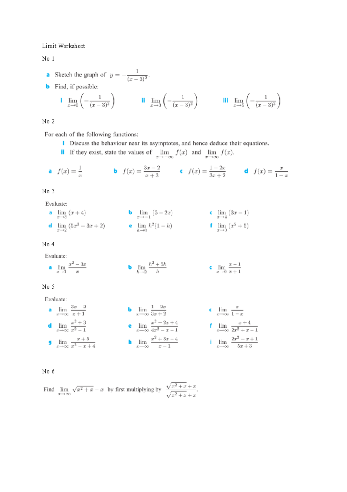 MAA HL-Limit WS - Limits Practice - Calculus - Limit Worksheet No No No ...