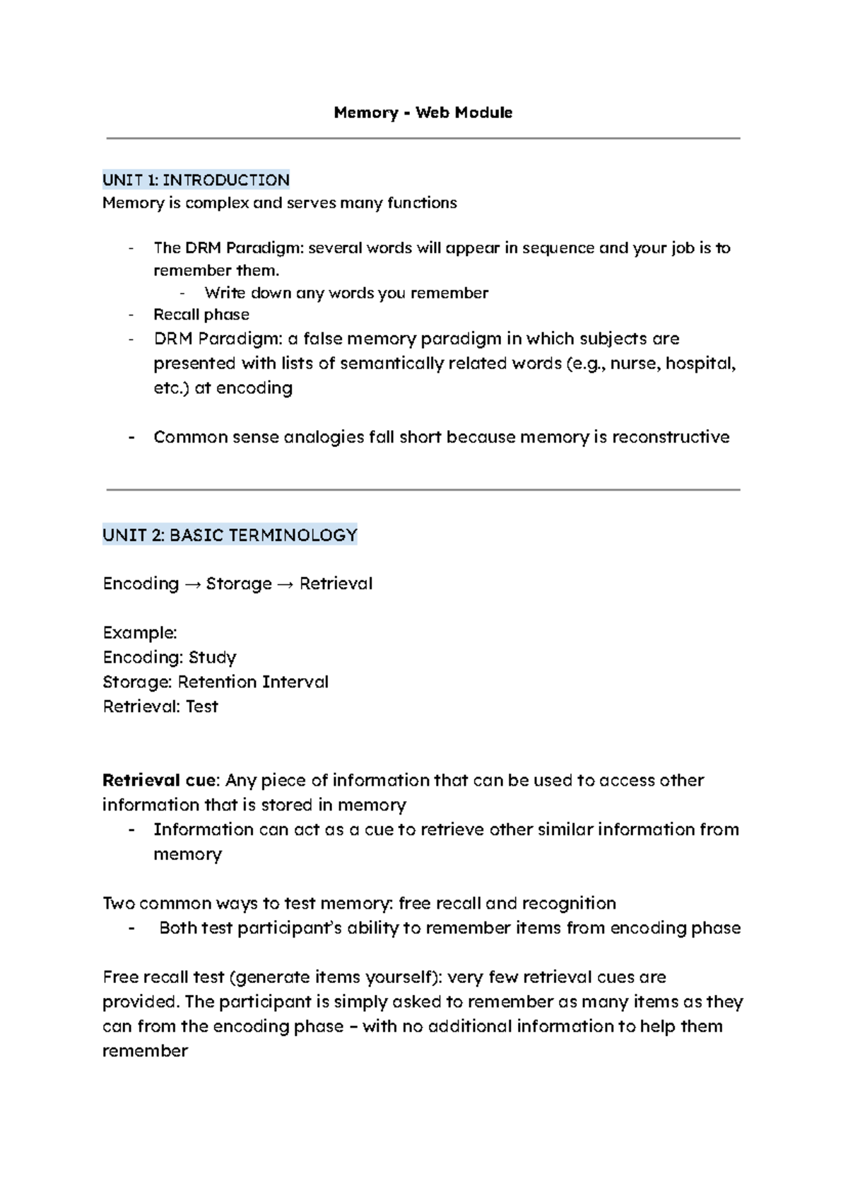 Memory Notes - Psych 1X03 - Memory - Web Module UNIT 1: INTRODUCTION ...