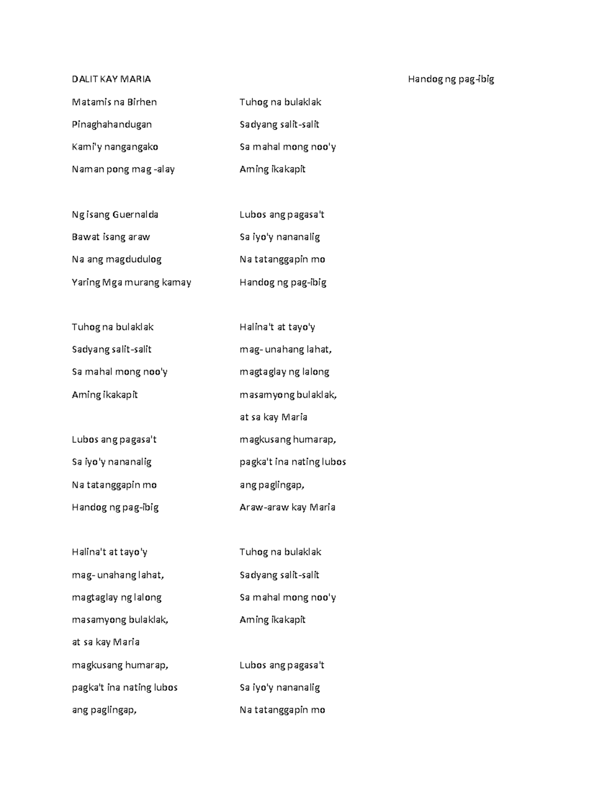 Pdfcoffee - n/a - DALIT KAY MARIA Matamis na Birhen Pinaghahandugan Kami'y nangangako Naman pong ...