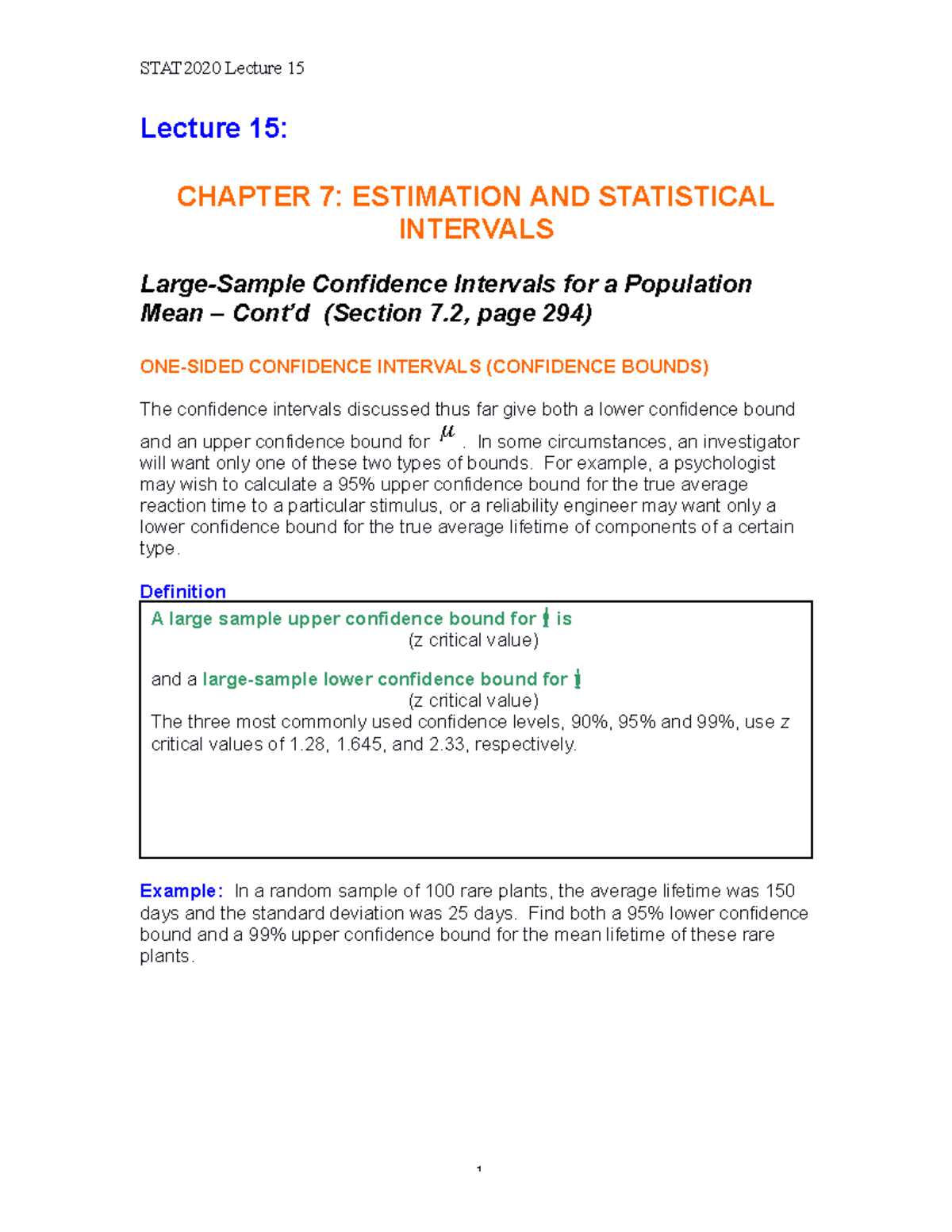 Lec15 (online) - notes - Lecture 15: CHAPTER 7: ESTIMATION AND ...
