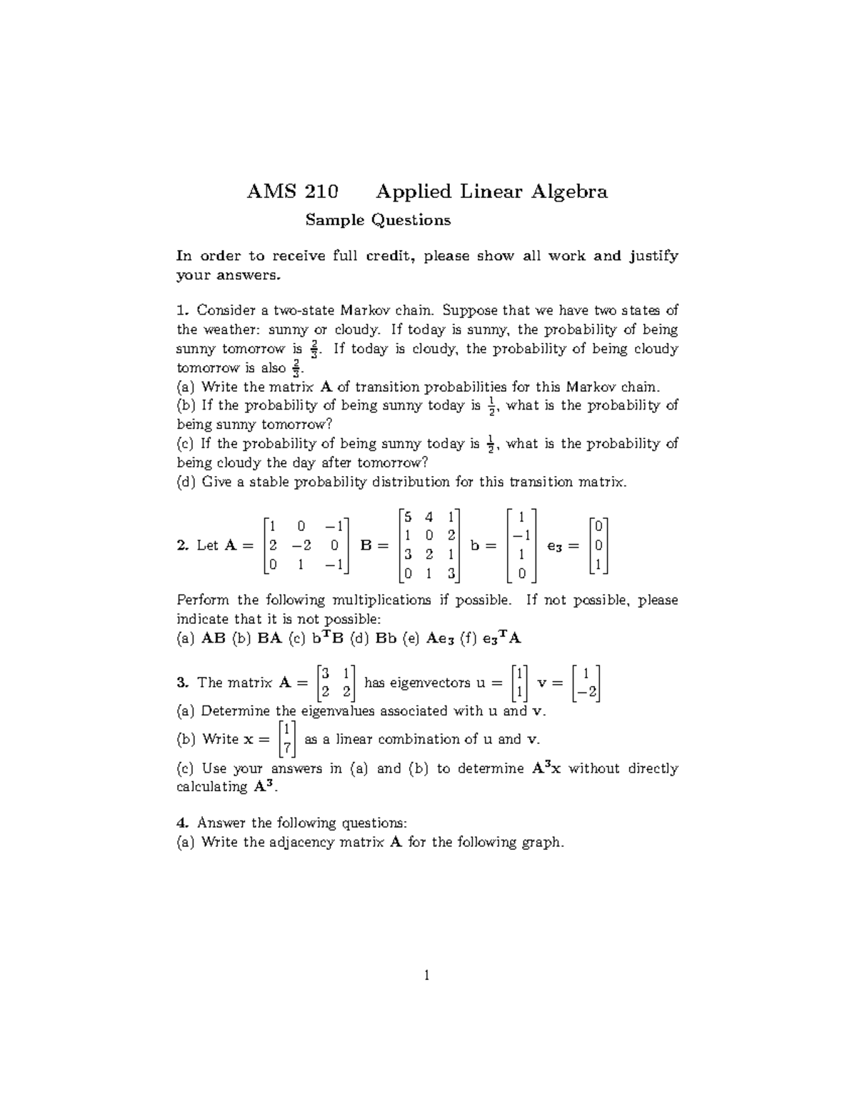 AMS210 sample questions for midterm - AMS 210 Applied Linear Algebra ...