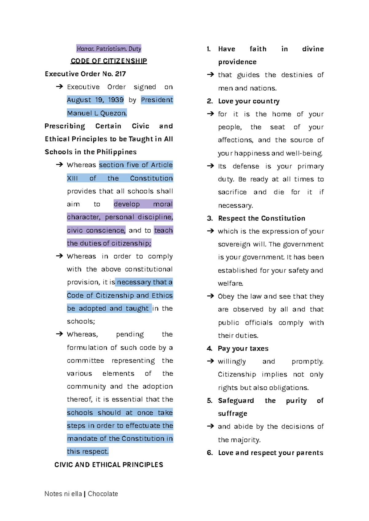 NSTP-ROTC- Notes - None - Honor. Patriotism. Duty CODE OF CITIZENSHIP ...