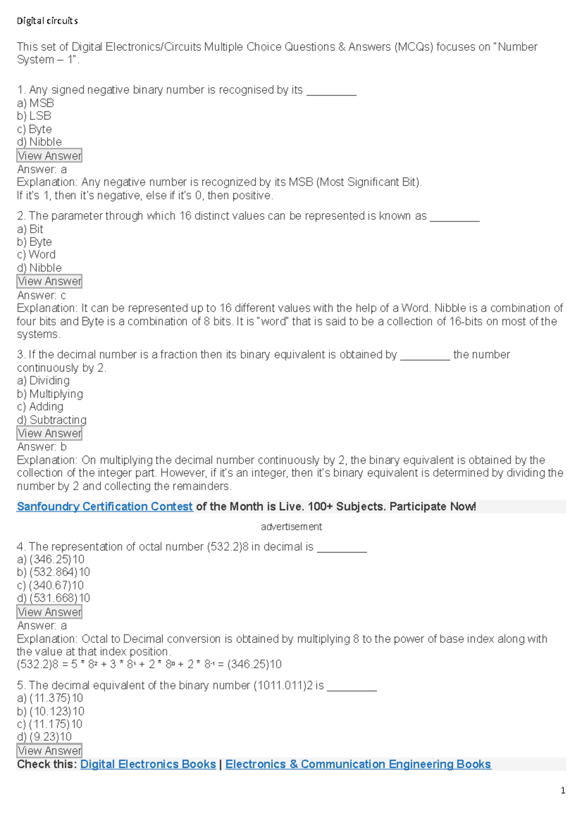 7 Digital Circuits - This set of Digital Electronics/Circuits Multiple ...