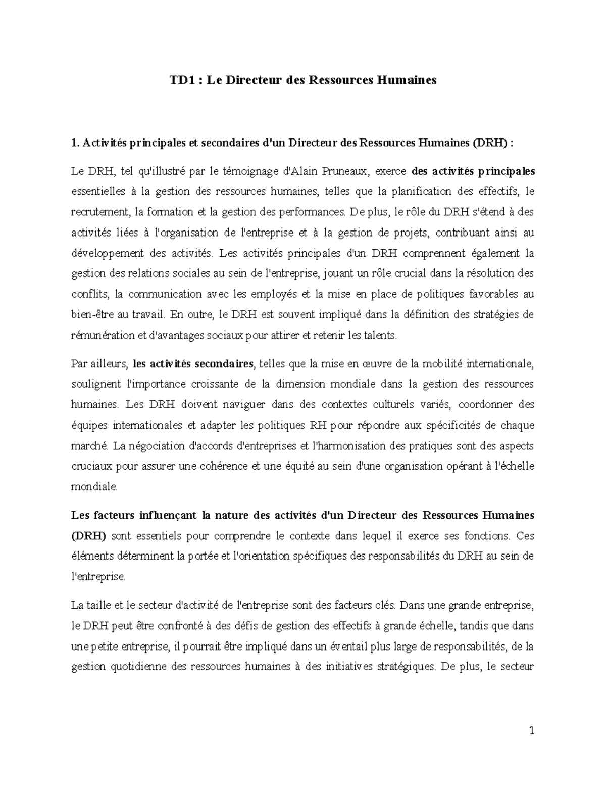 TD1-GRH - Gestion des ressources humaines - TD1 : Le Directeur des Ressources Humaines 1 ...