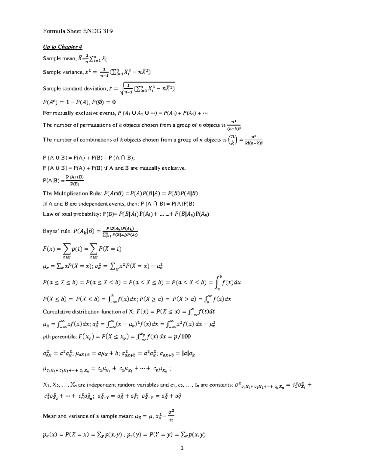 Formula sheet and tables for midterm ENDG319 F22 - Formula Sheet ENDG 319 Up to Chapter 4 Sample ...