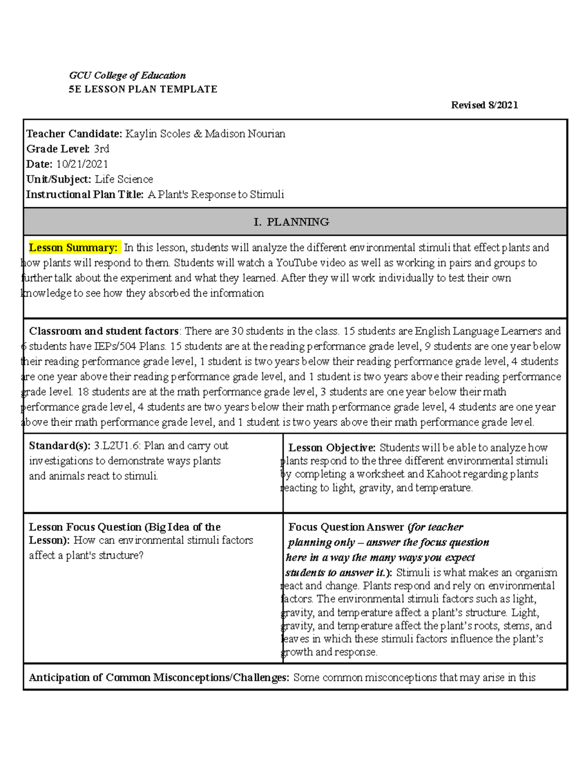 5e Lesson Plan Assignment ELM 361 GCU Studocu
