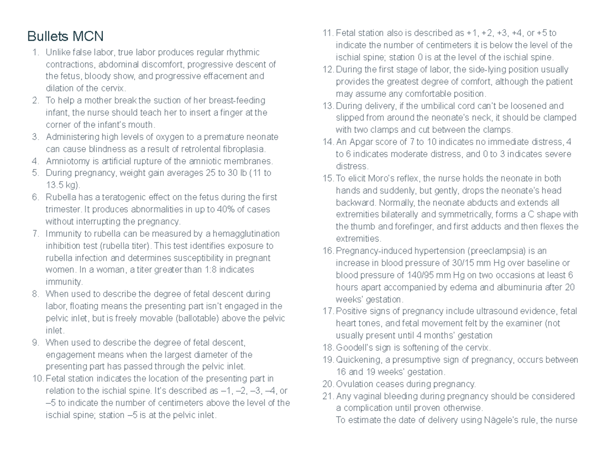 Bullets mcn - Maternal and child nursing - Bullets MCN Unlike false labor, true labor produces ...