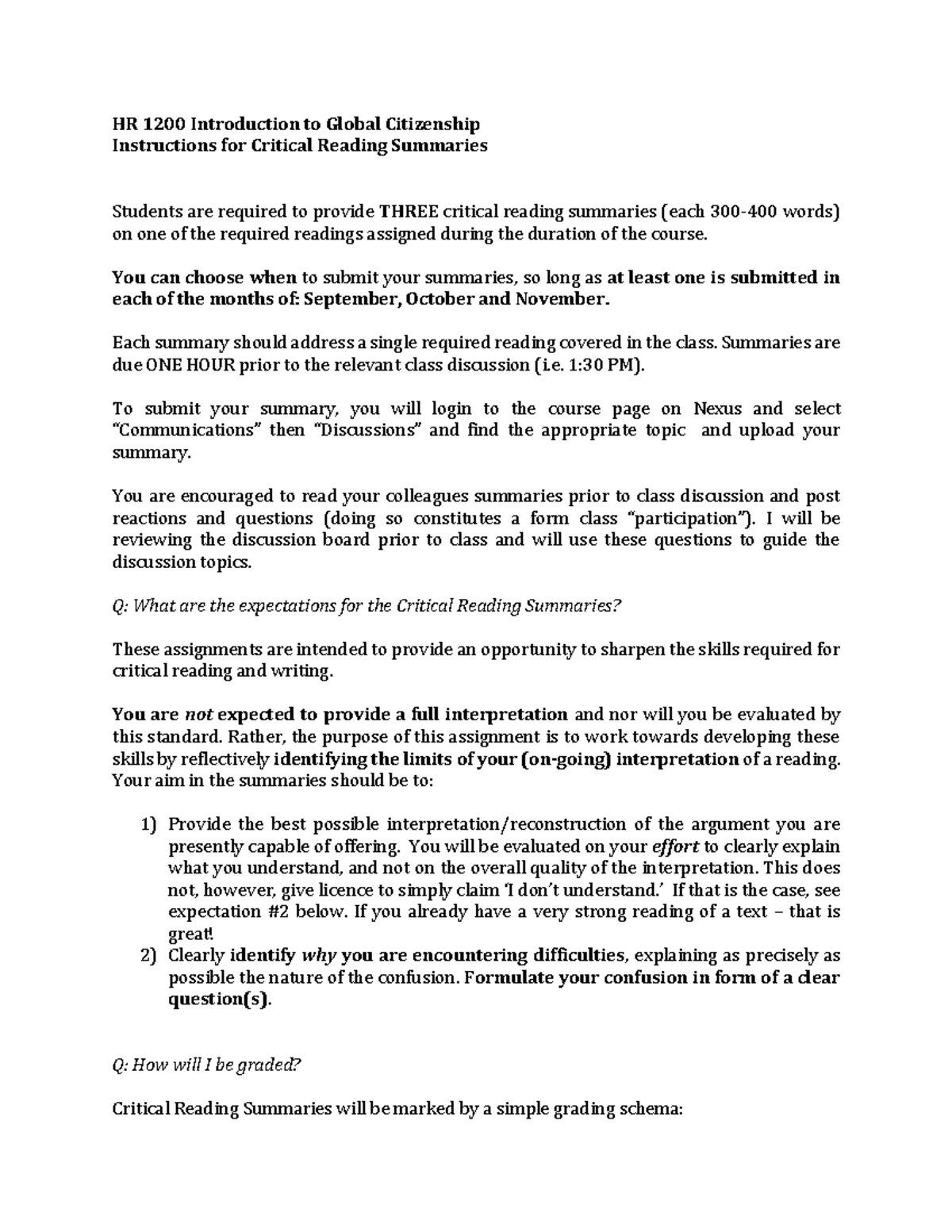 Critical Reading Summary Instructions - HR 1200 Introduction to Global ...