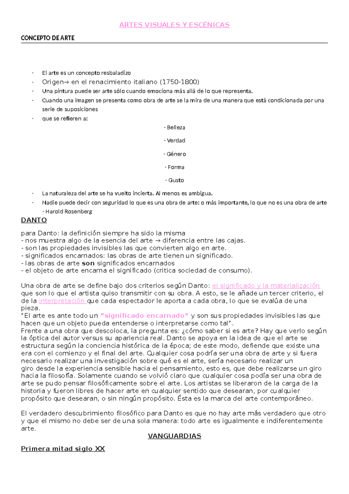 Parcial Artes Visuales - ARTES VISUALES Y ESCÉNICAS CONCEPTO DE ARTE El ...