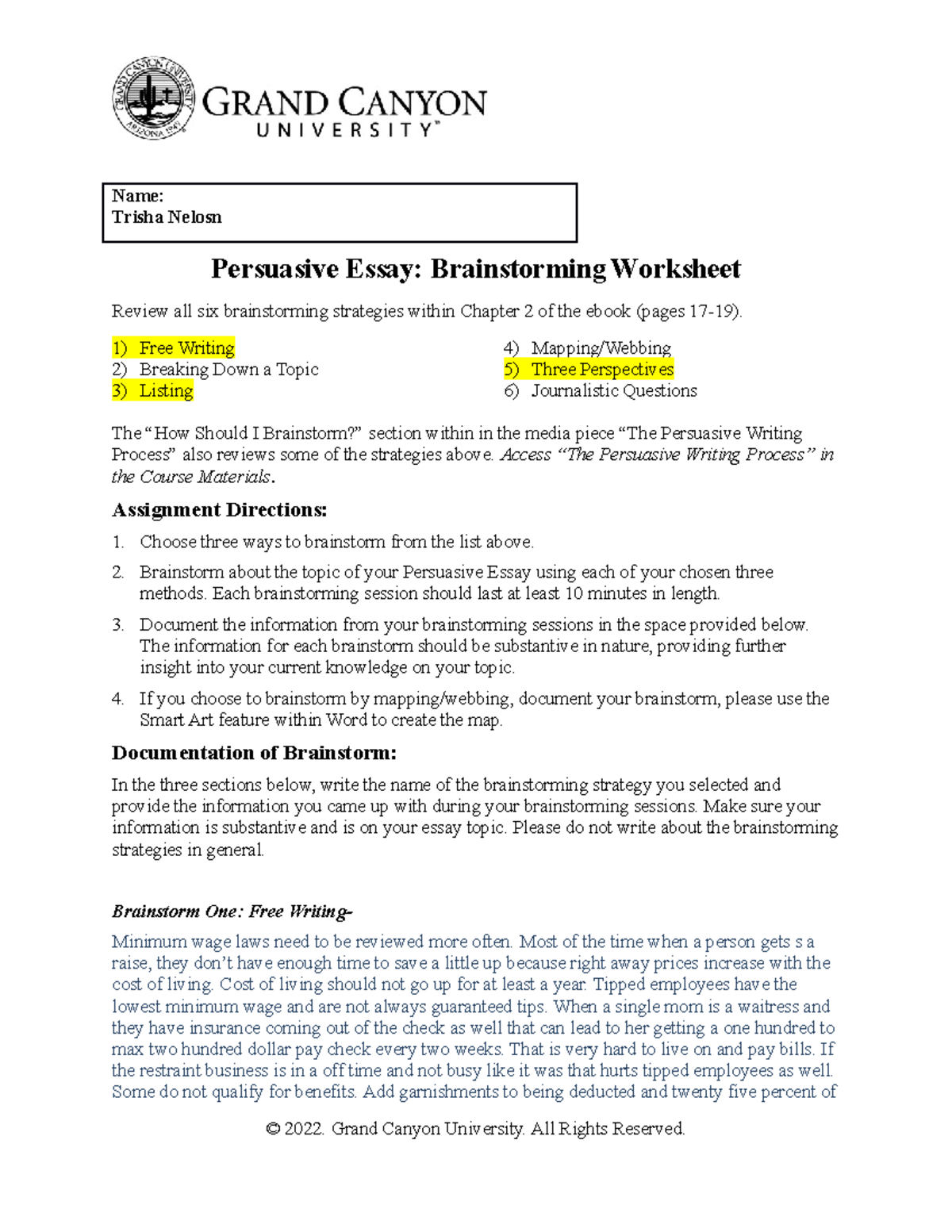 PHI105 T2 Brainstorming Worksheet - Name: Trisha Nelosn Persuasive ...