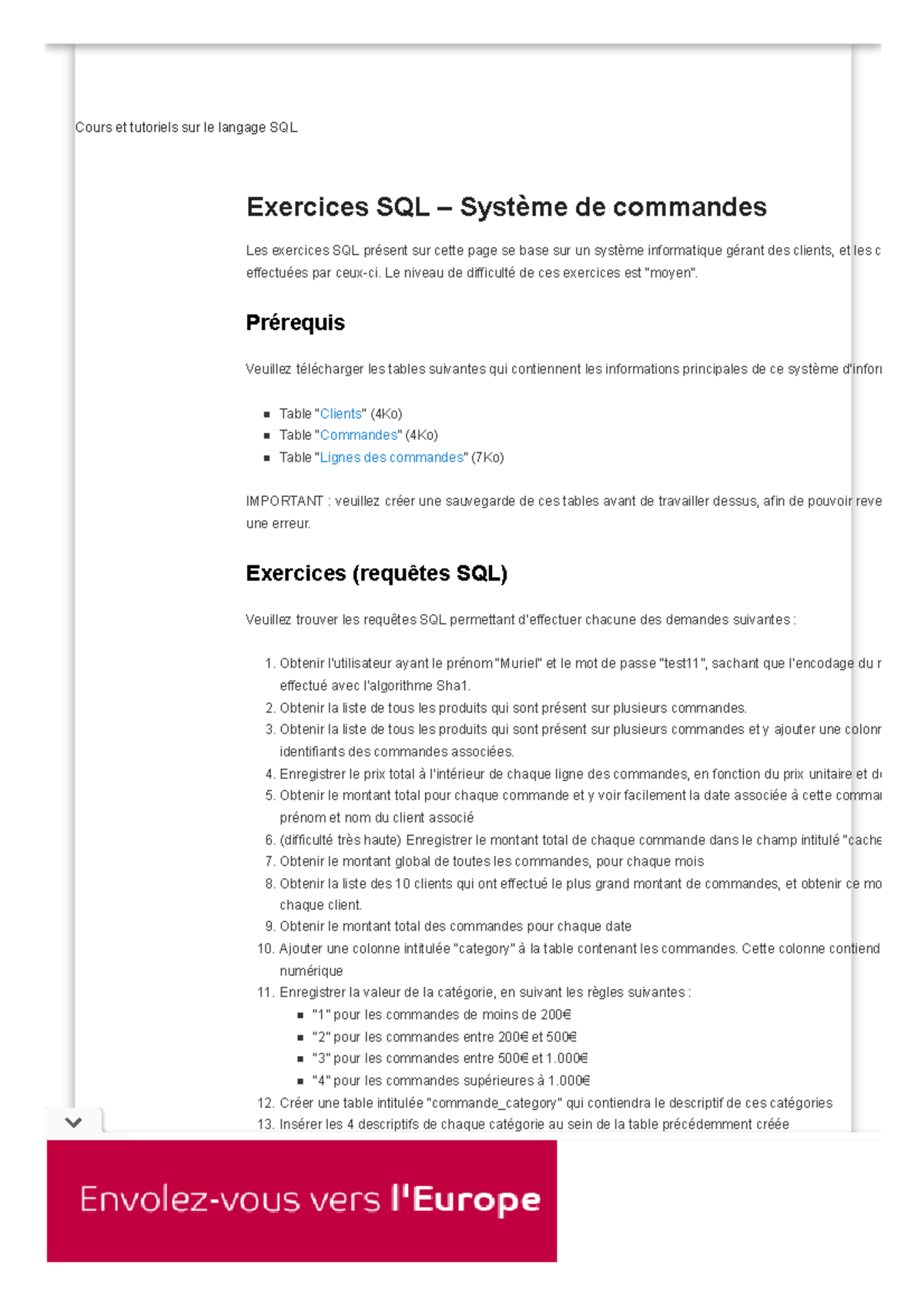 Exercices SQL - Système de commandes - SQL - Exercices SQL – Système de ...