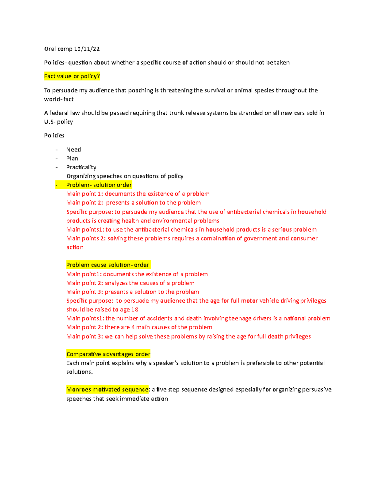 Oral comp notes october elleven - Oral comp 10/11/ Policies- question ...