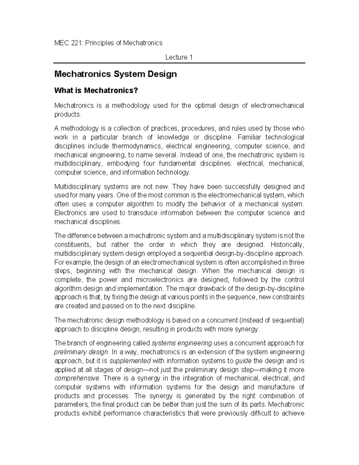 Lecture 01 Principles of Mechatronics - MEC 221: Principles of ...