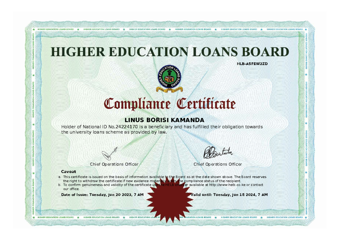 HELB CLEARANCE CERTIFICATE - HLB-A5FEW2ZD LINUS BORISI KAMANDA Holder ...