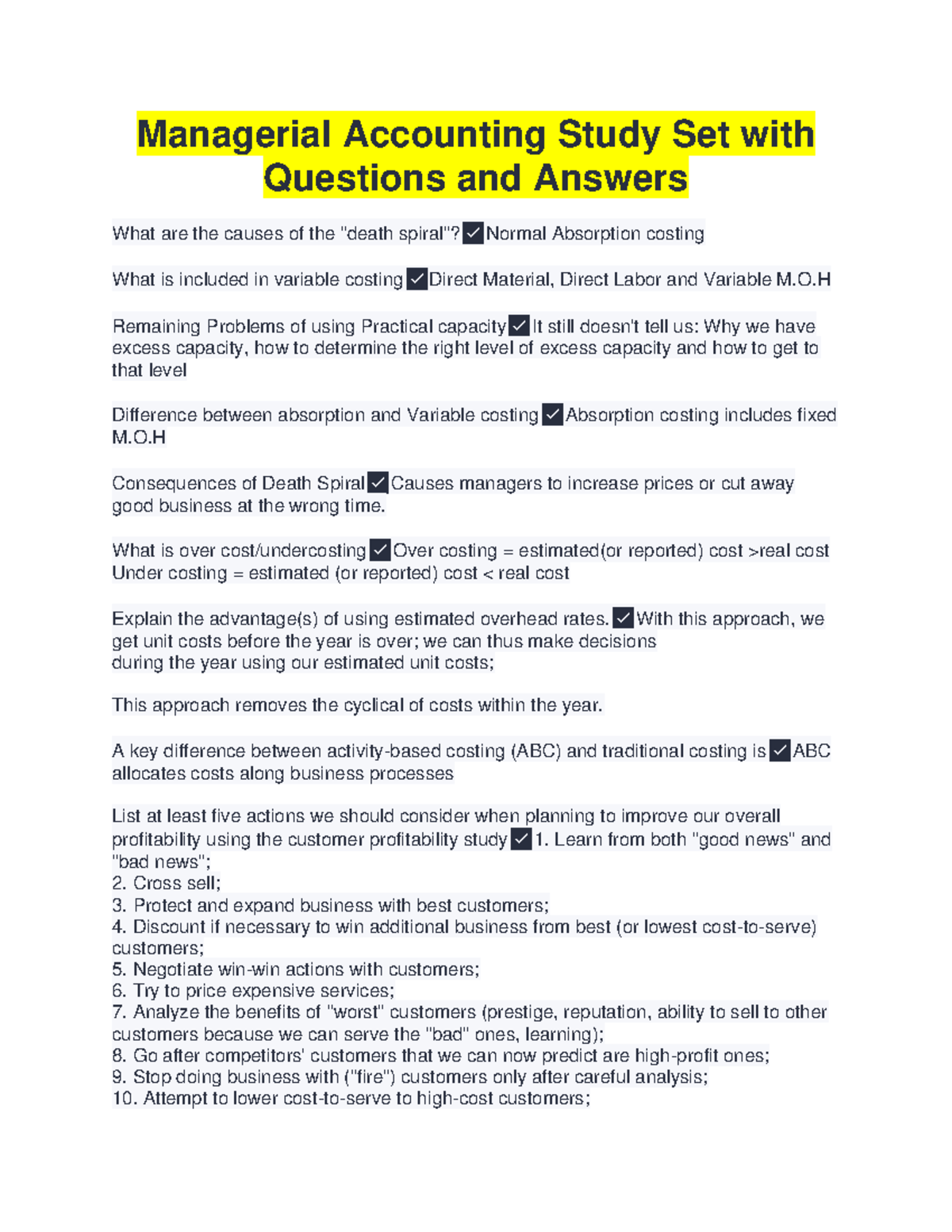 Managerial Accounting Study Set with Questions and Answers - O ...