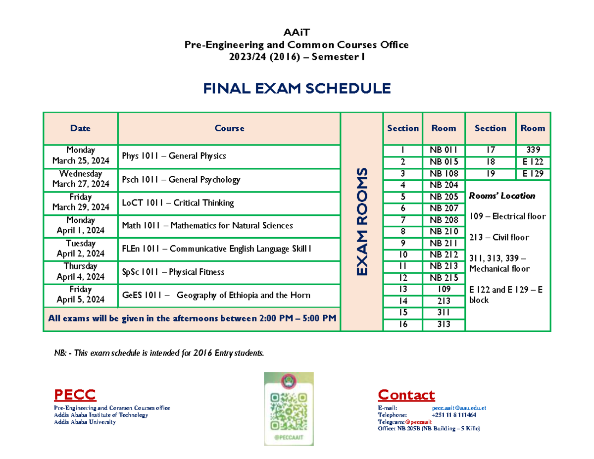 2016 Sem I Final March 25 April 5 2024 - AAiT Pre-Engineering and ...