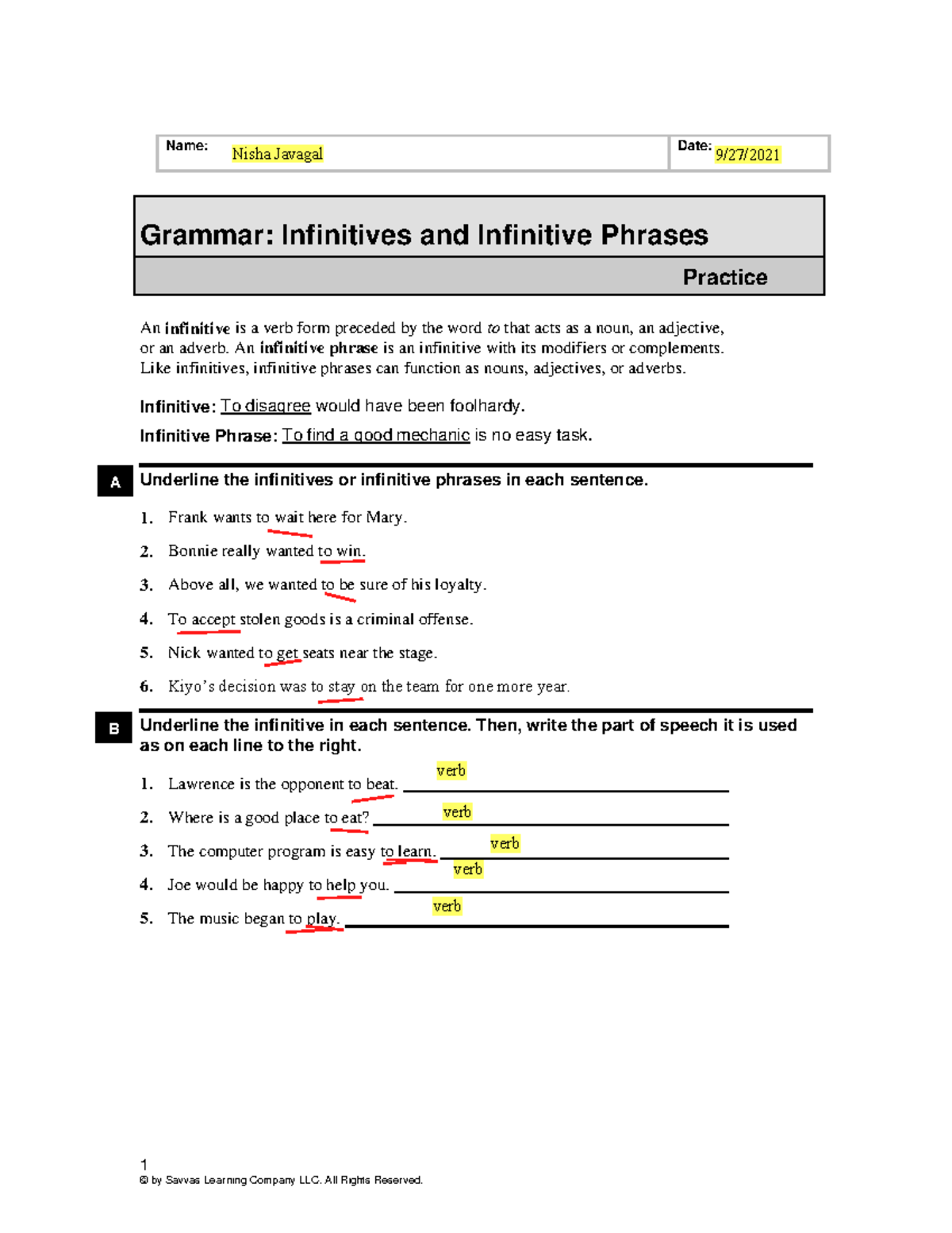 English 1 - Gerunds and Infinitives Practice - Name: Date: Grammar ...