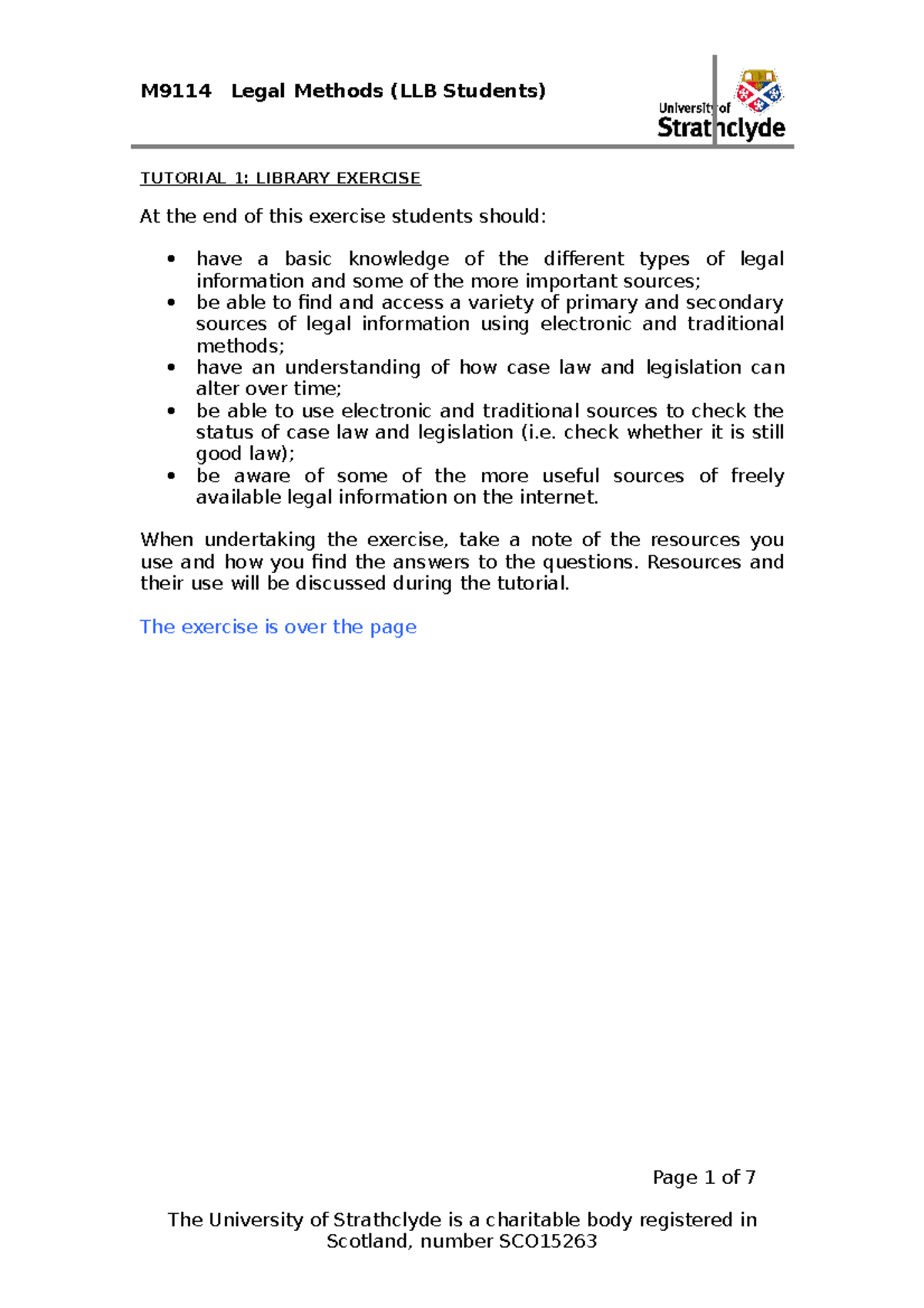 LLB Tutorial 1 2015-16 - Lecture notes 7 - TUTORIAL 1: LIBRARY EXERCISE ...