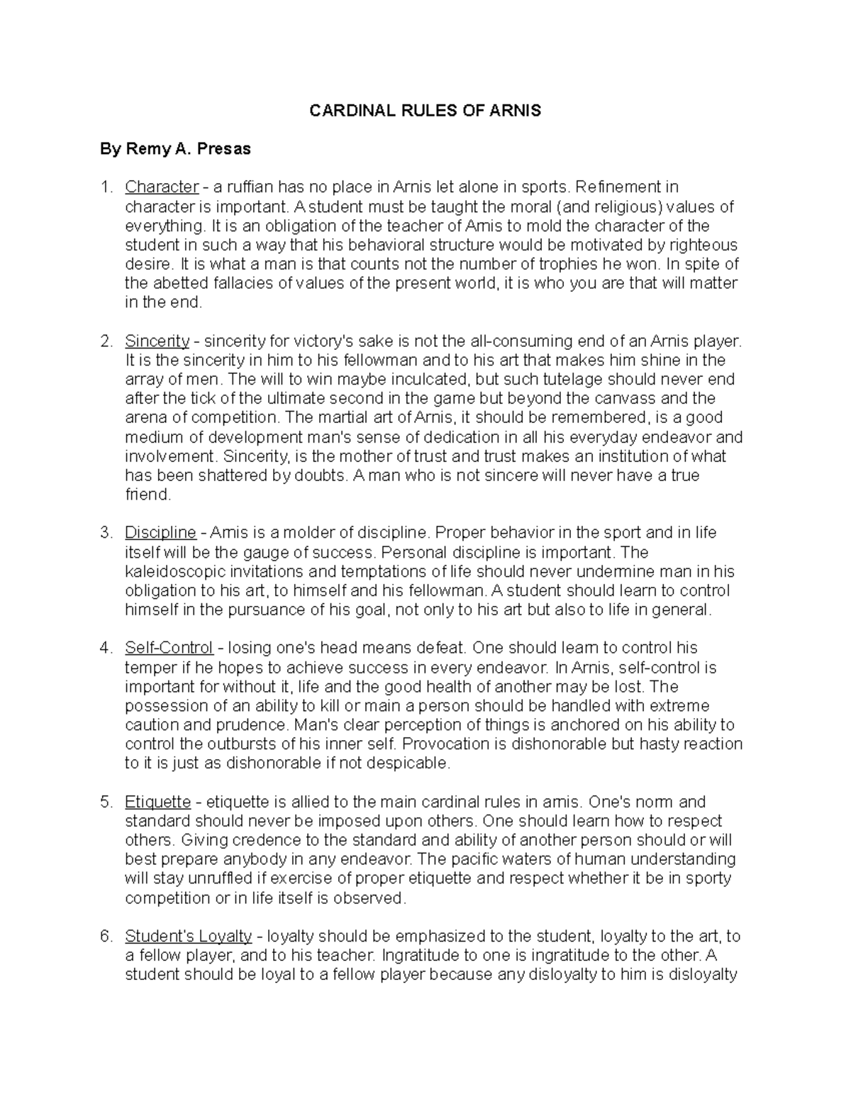 Cardinal Rules of Arnis - CARDINAL RULES OF ARNIS By Remy A. Presas ...