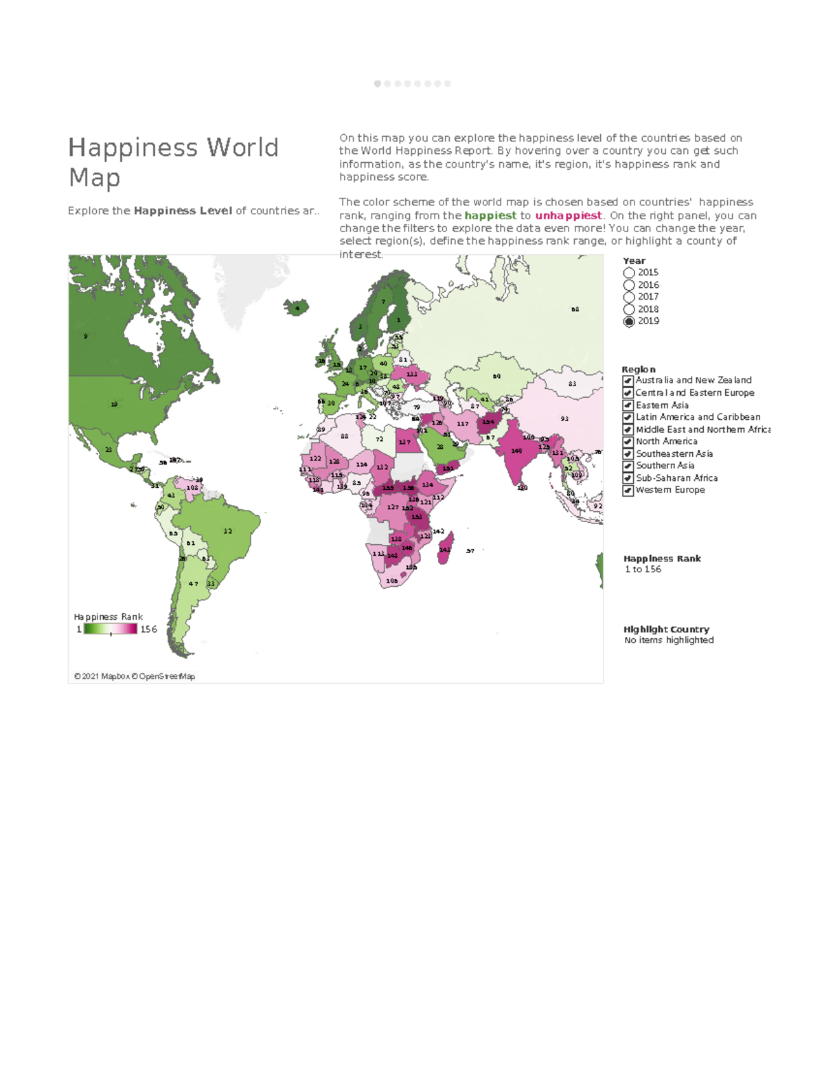 World Happiness Report - ####### © 2021 Mapbox © OpenStreetMap ...