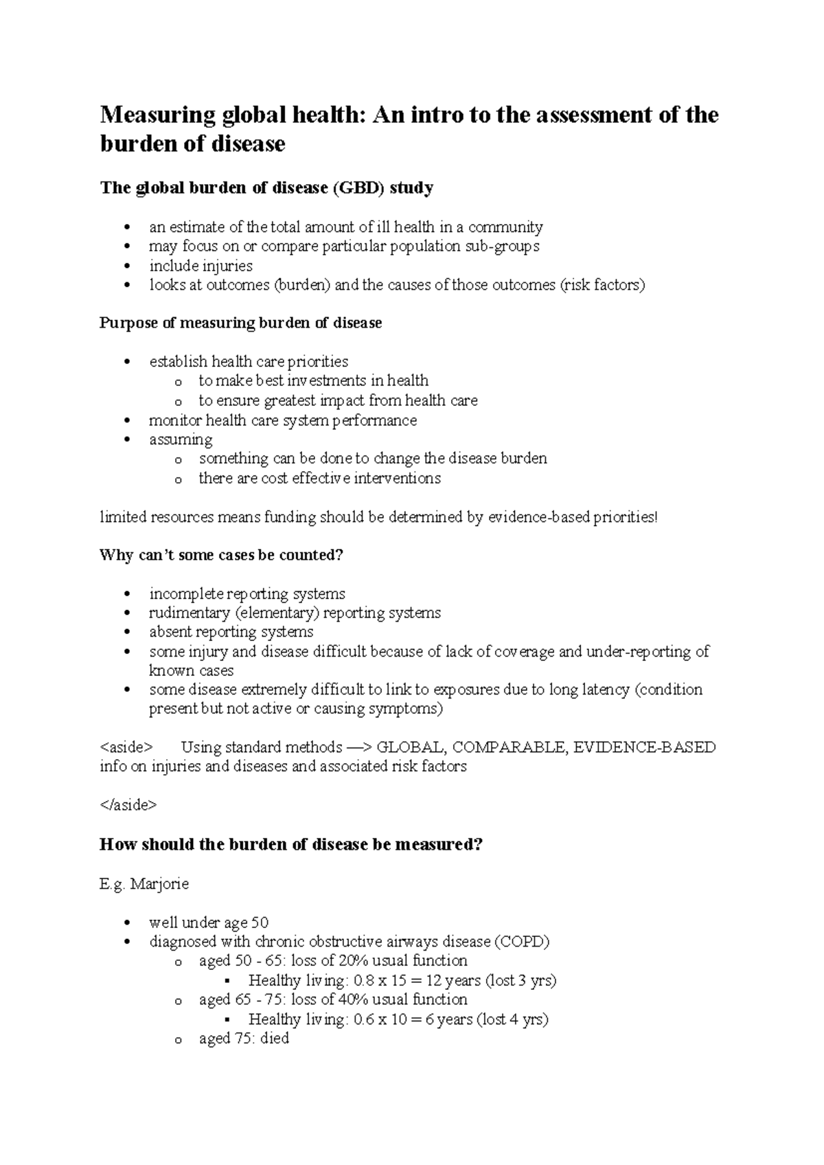 HSBH1012 Week 2 lec notes - Measuring global health: An intro to the ...