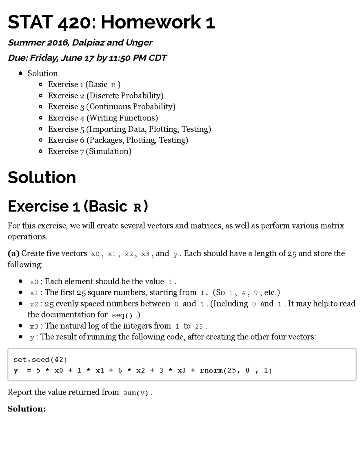 Statistics 420 - Homework Set 1, 7 Exercises With Solutions - STAT 420 ...