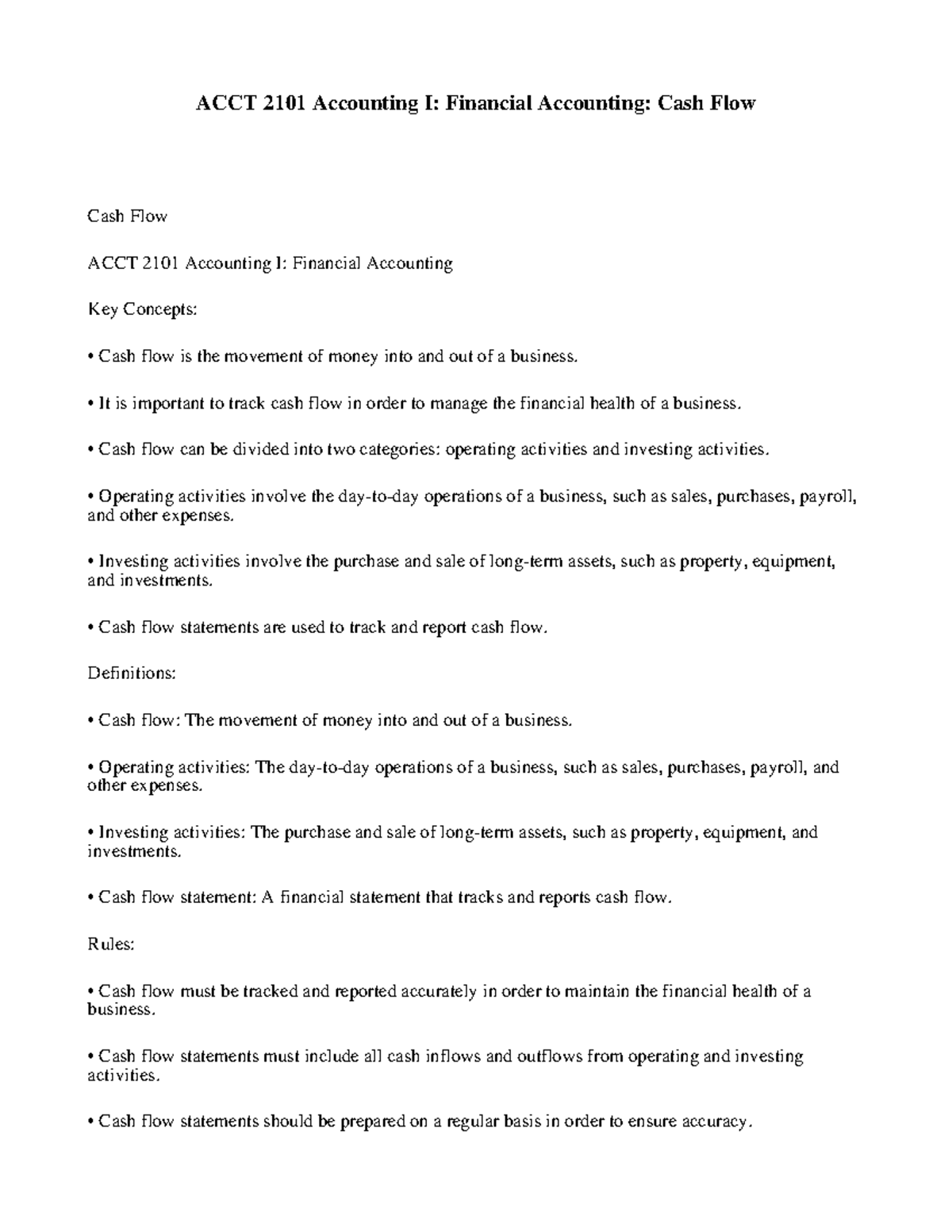 Accounting I Financial Accounting - Cash Flow-Notes - ACCT 2101 ...