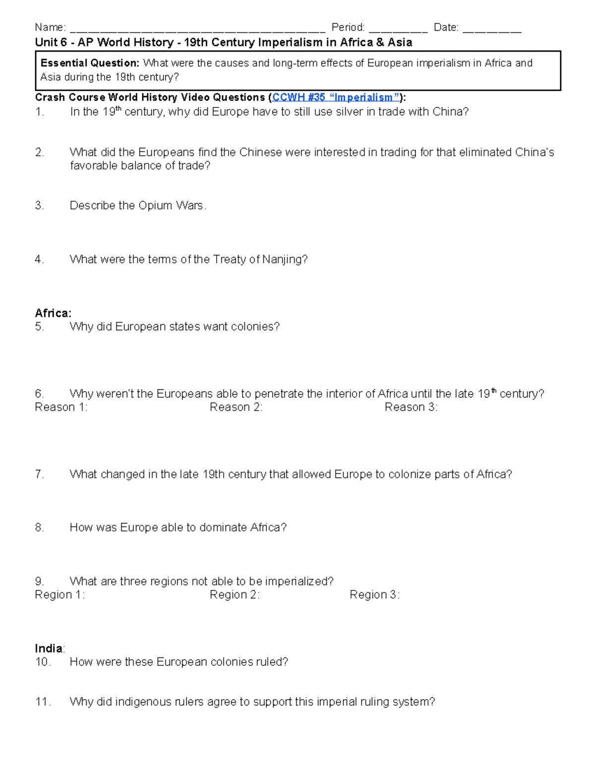 Unit 6 Imperialism in Africa & Asia Student Handout - Name: - Studocu