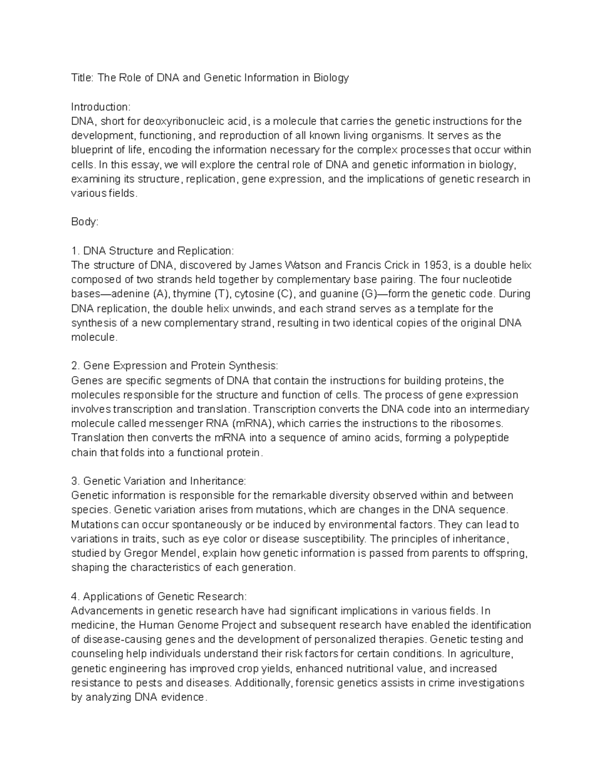 Title The Role of DNA and Genetic Information in Biology - BIO111 ...