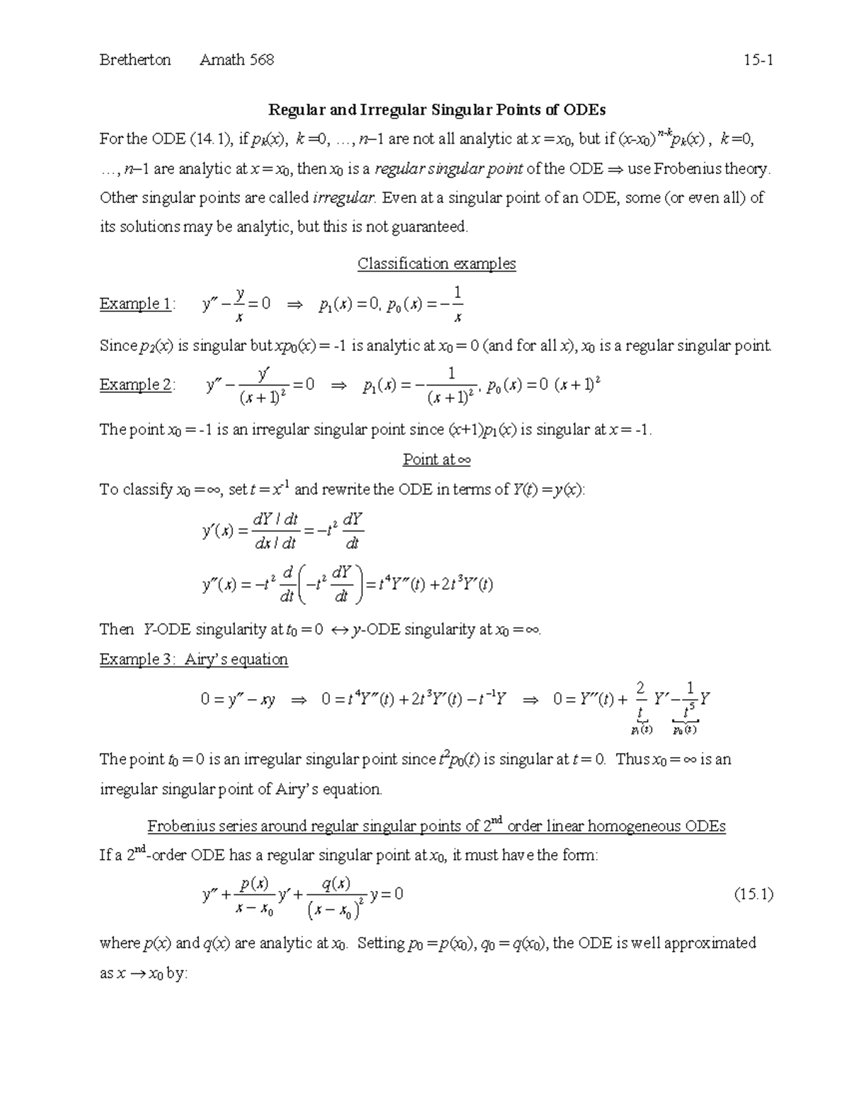 Regular and irregular point - Regular and Irregular Singular Points of ODEs For the ODE (14), if ...