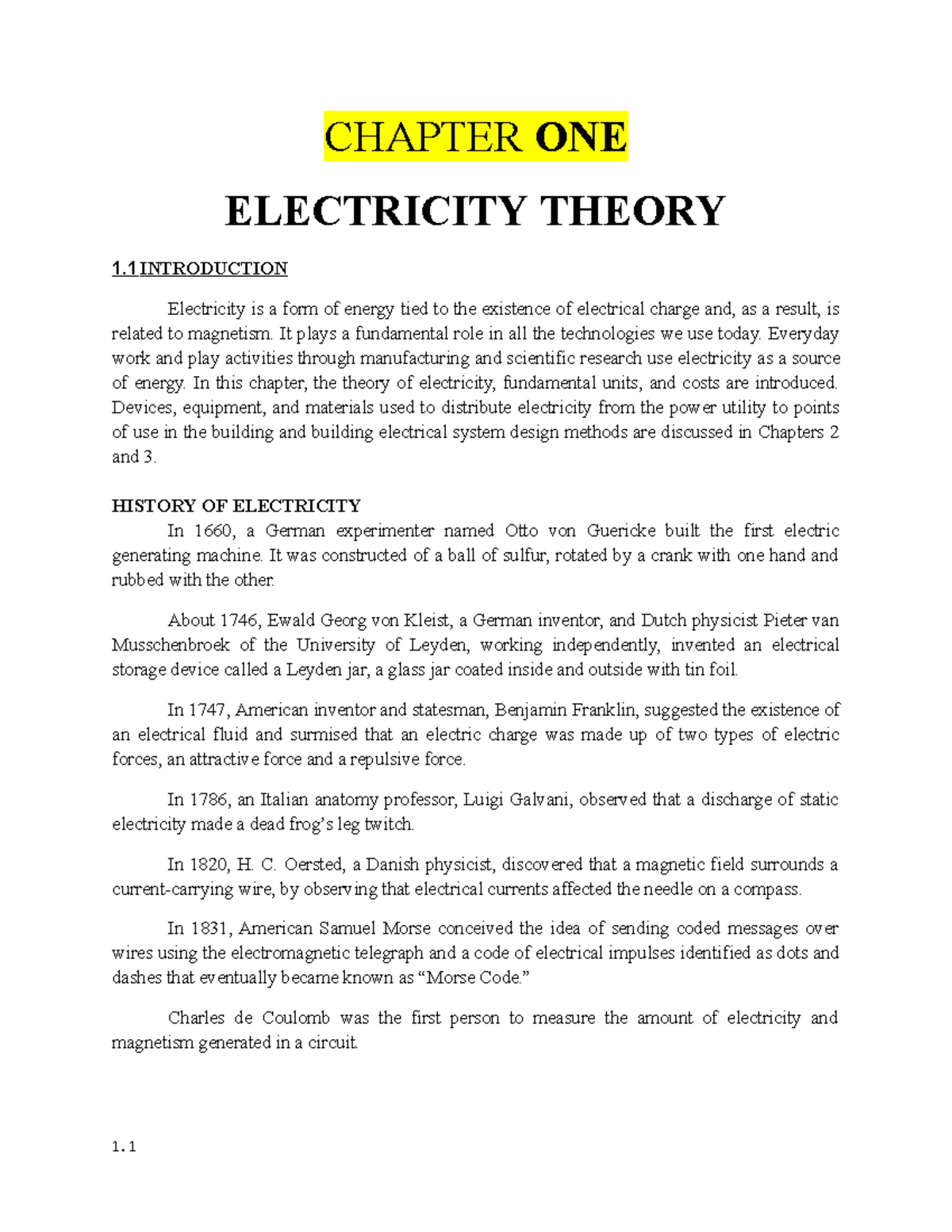 Chapter-1-Electricity-Theory - 1 CHAPTER ONE ELECTRICITY THEORY 1 ...