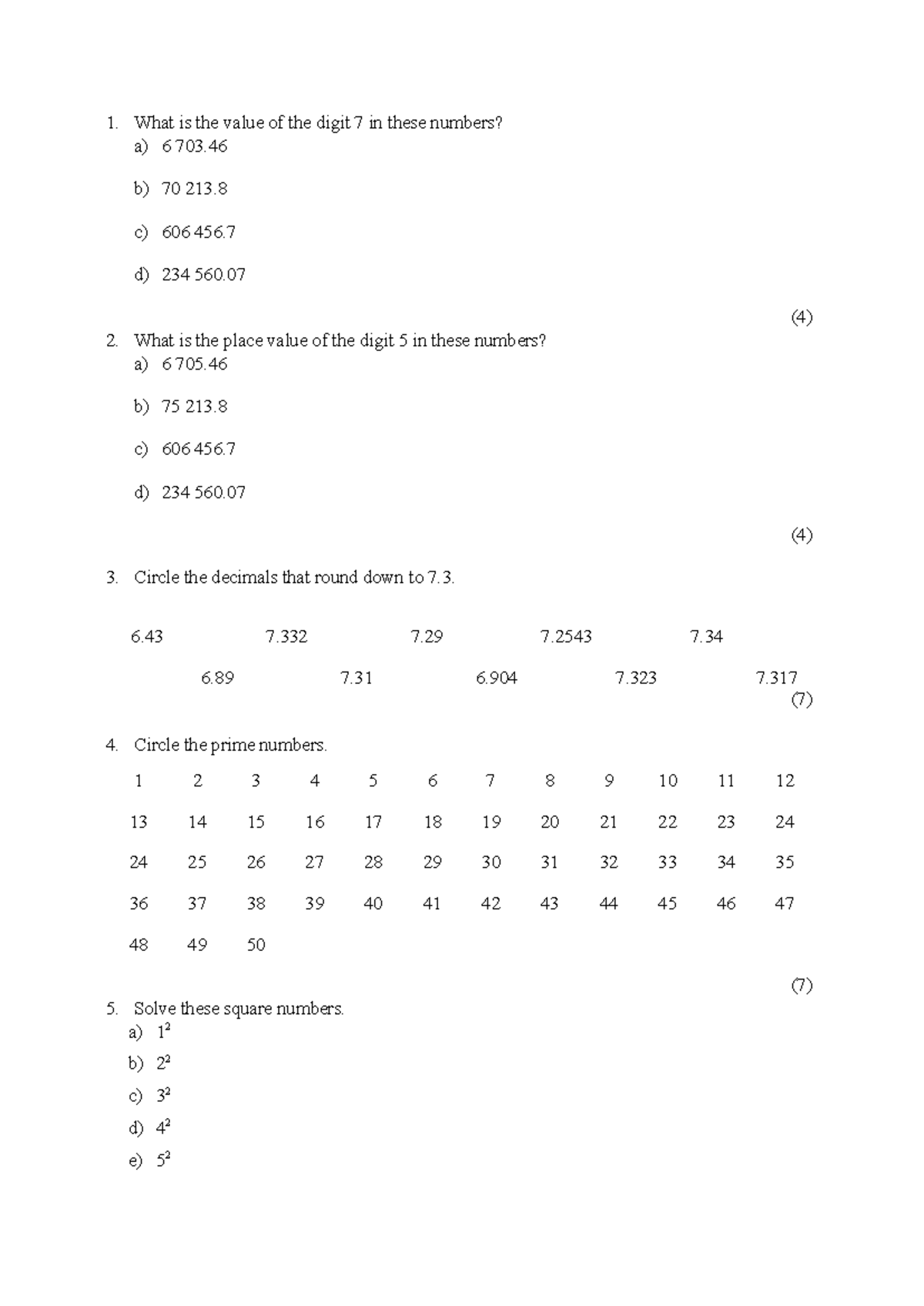 MATH YEAR 5 IGCSE - What is the value of the digit 7 in these numbers ...