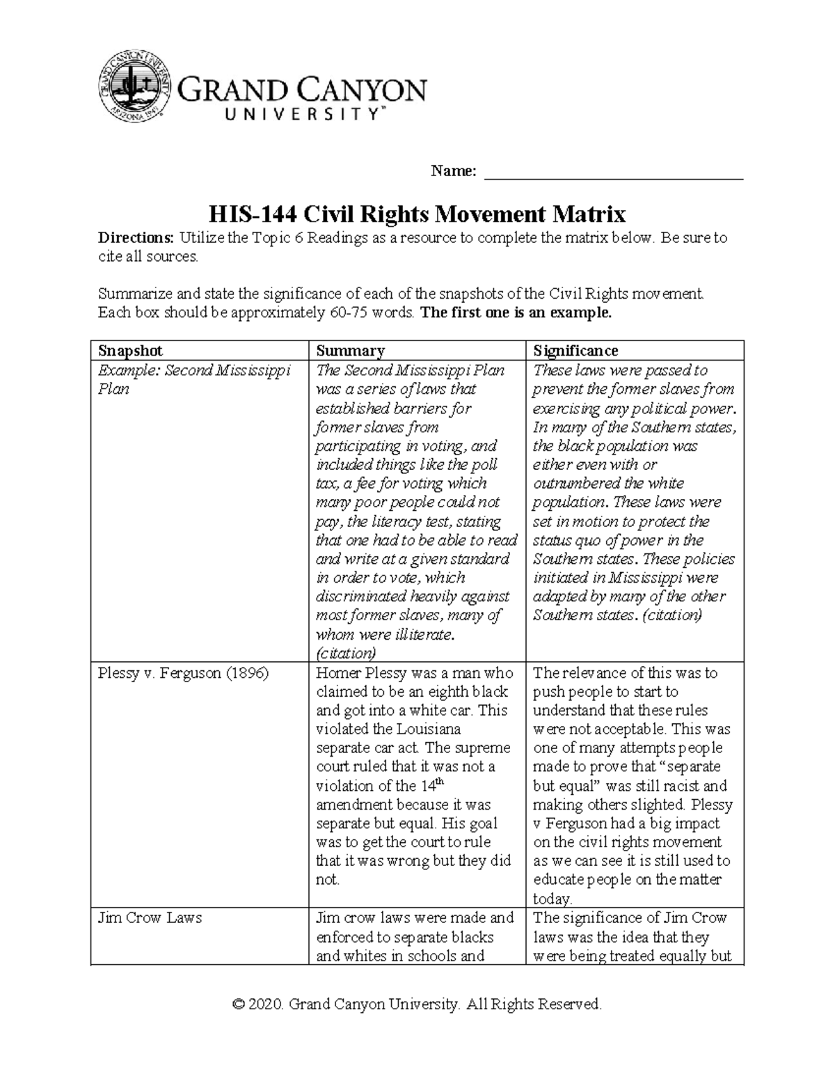 HIS-144-T6 Civil Rights Movement Matrix Online - Name: HIS-144 Civil ...