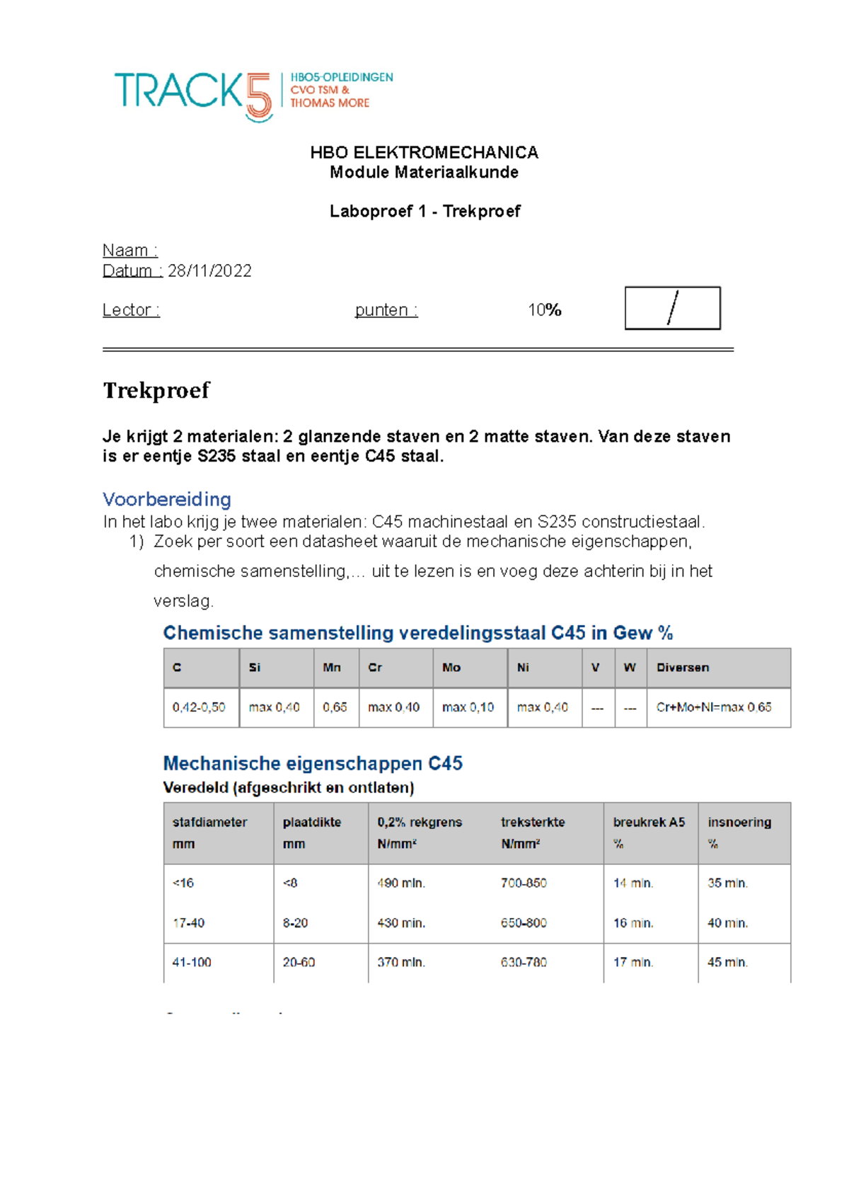 Labo proef 1 - Trekproef V 1EMS2 finish - HBO ELEKTROMECHANICA Module ...