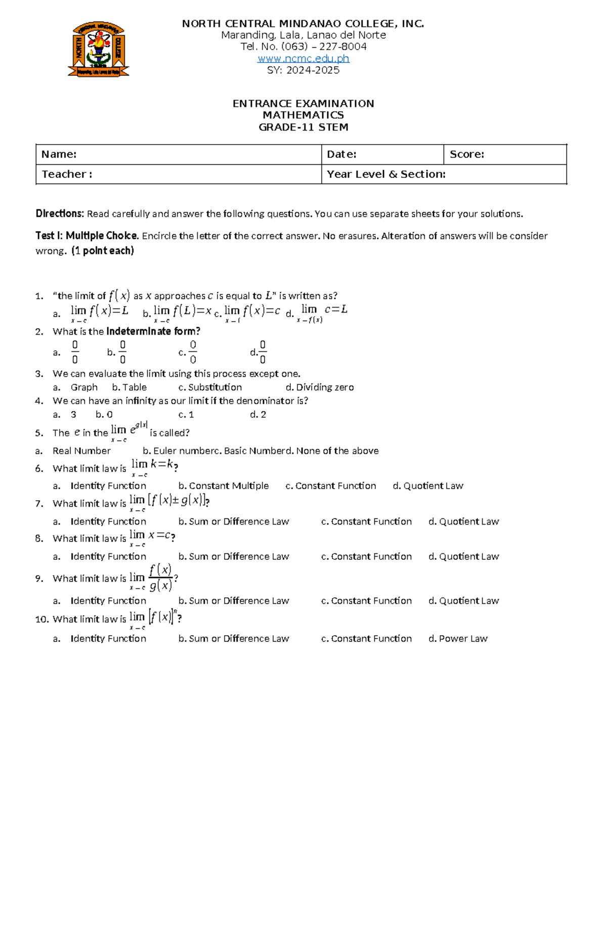 Basic CALC - Example Examination - NORTH CENTRAL MINDANAO COLLEGE, INC ...