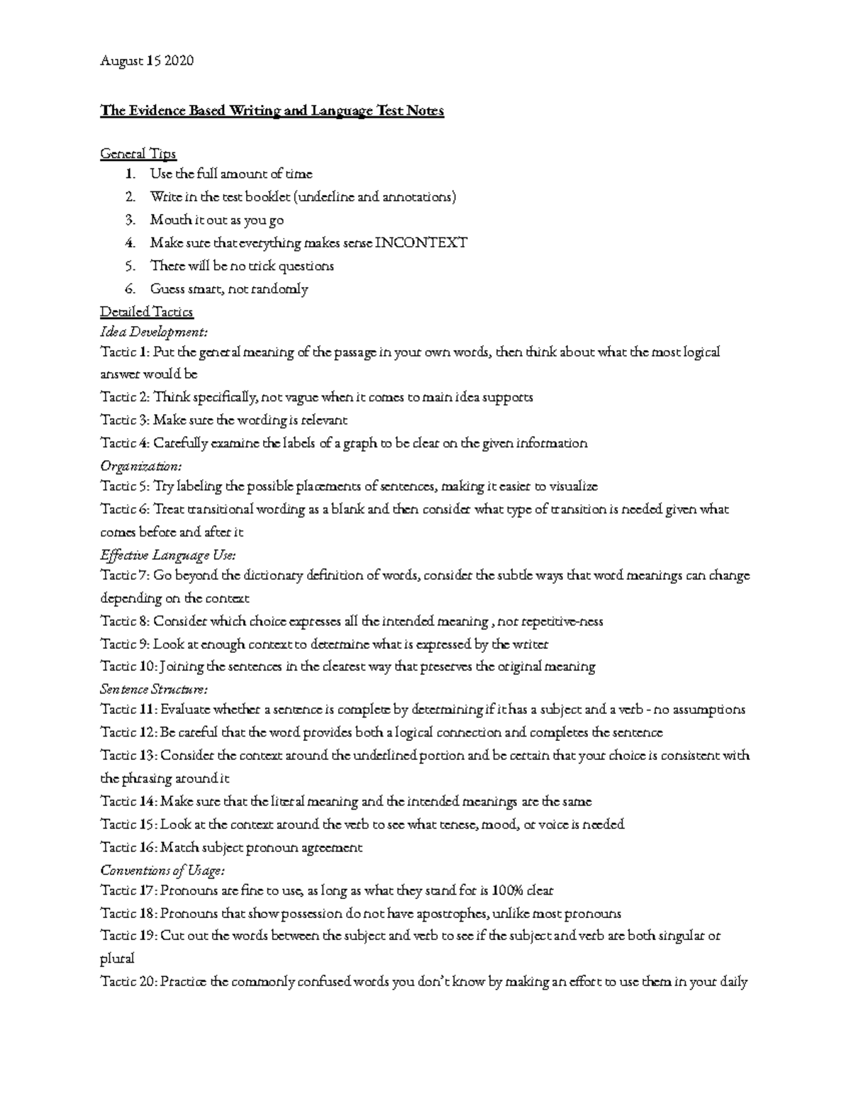 Evidence Based Writing and Language Notes - Use the full amount of time ...