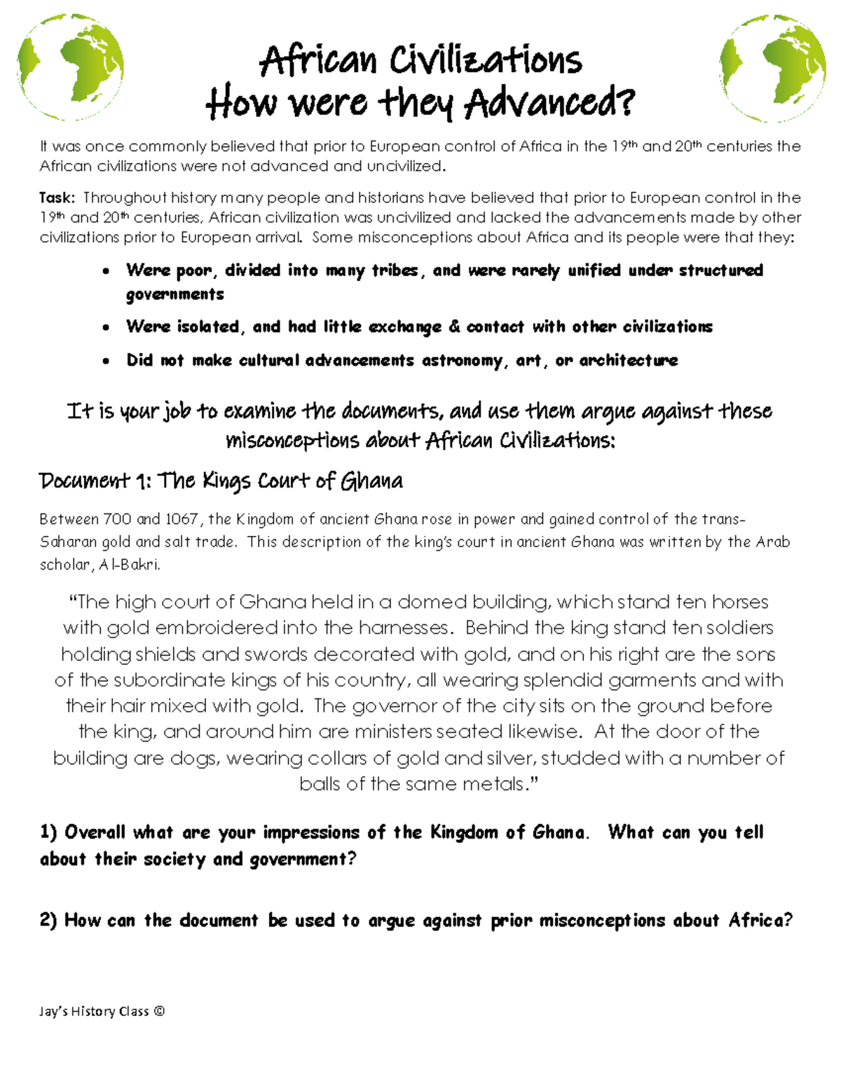 African Civilizations Evidence Documents DBQ - African Civilizations ...