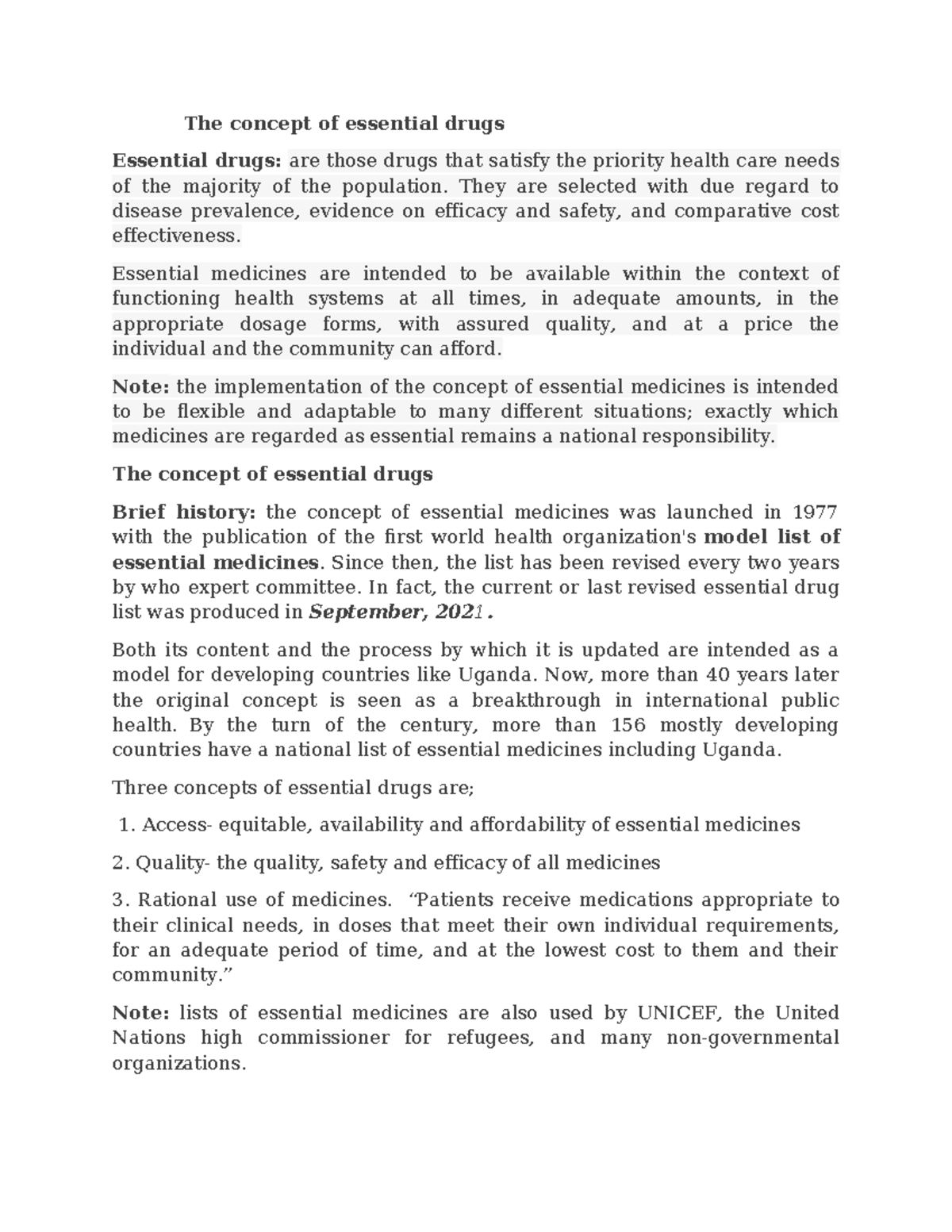 Essential Drugs 2 - notes - The concept of essential drugs Essential ...