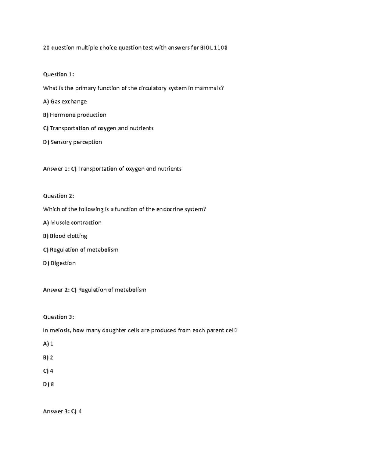 BIOL 1108 - Multiple choice quiz - 20 question multiple choice question ...