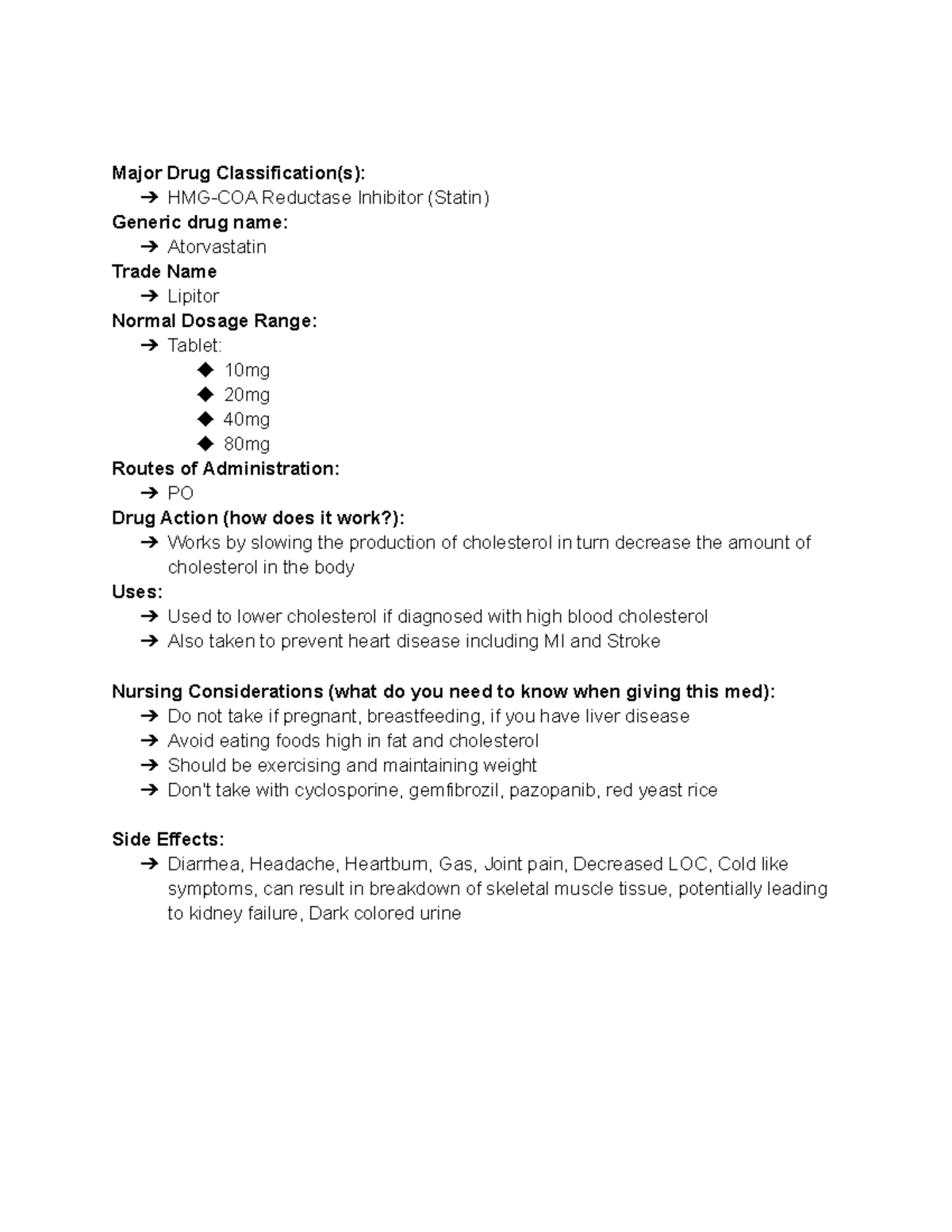 ( Atorvastatin Med Sheet - Major Drug Classification(s): HMG-COA ...